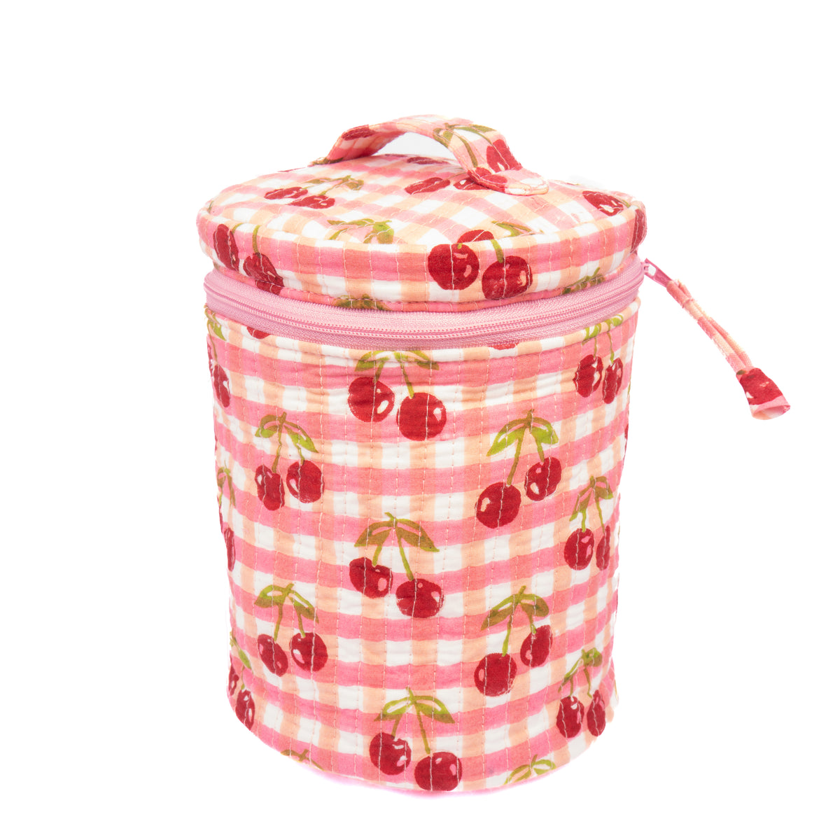Cherry Round Upright Makeup Bag in Red Gingham Blockprint – Inner Child