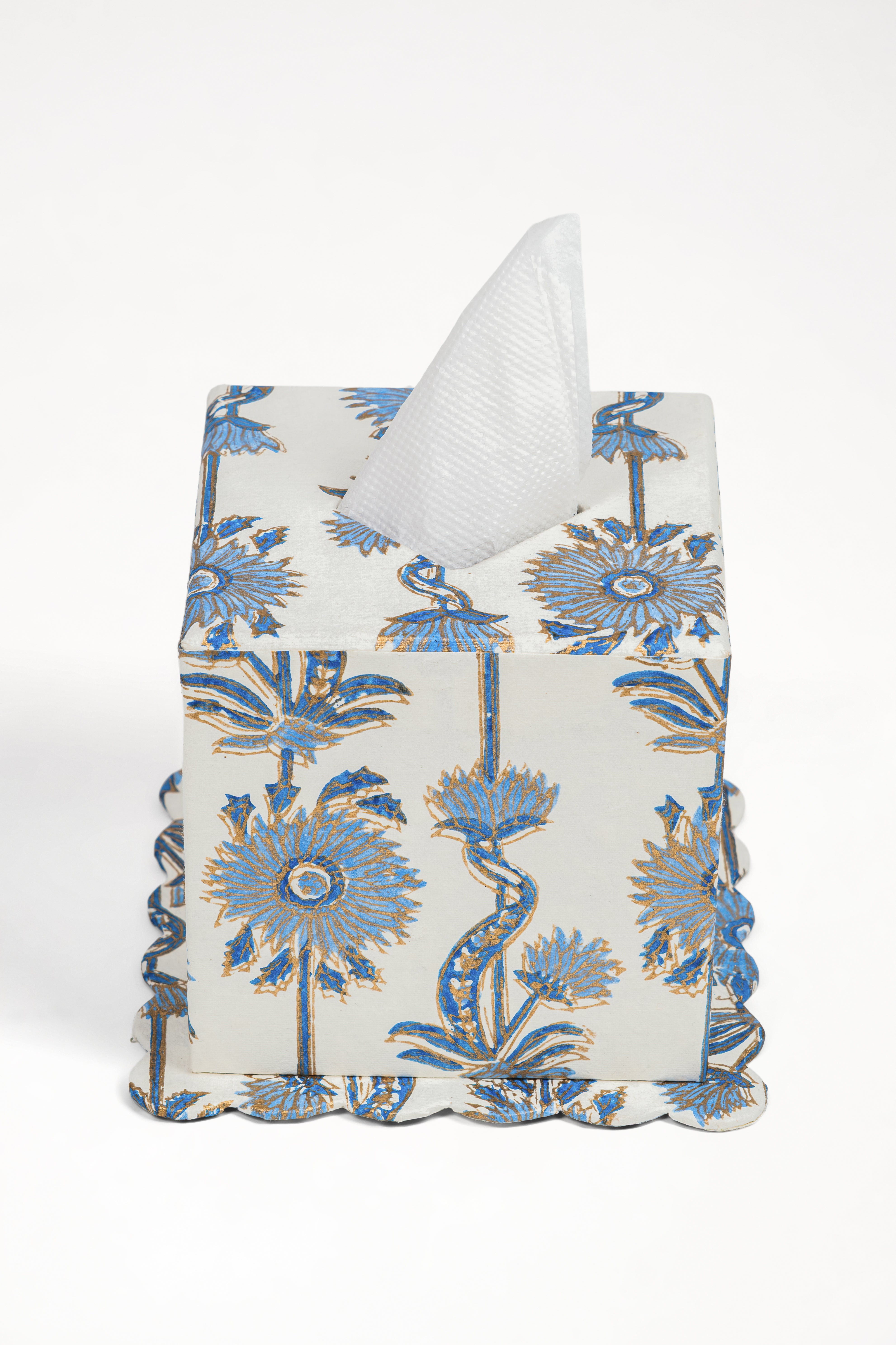 Floral Vines Blockprint Scallop Tissue Box Cover in Blue – Inner Child