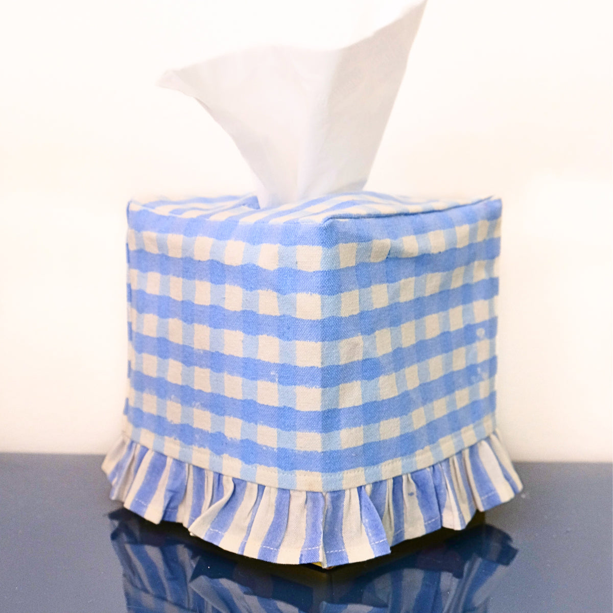 Ruffled Tissue Box Cover in Blue Gingham Blockprint – Inner Child