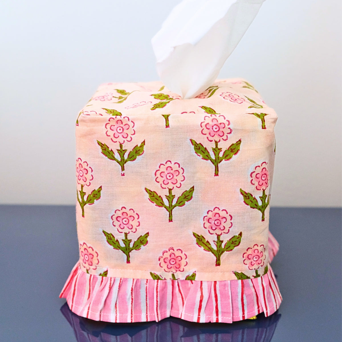 Ruffled Tissue Box Cover in Mona Pink Blockprint – Inner Child