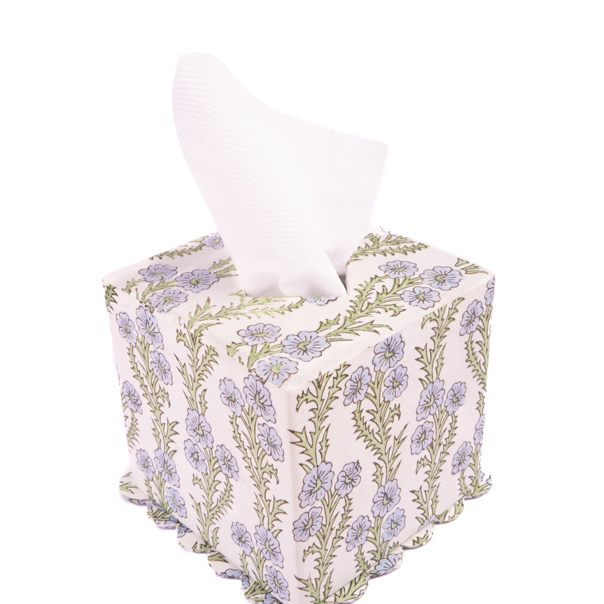 Scallop Tissue Box Cover in Forget-Me-Not Blockprint – Inner Child